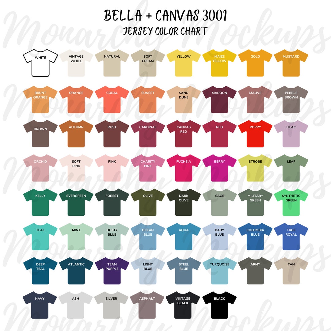 Bella Canvas Color Chart | Bella + Canvas 3001 Size Chart | Instant ...