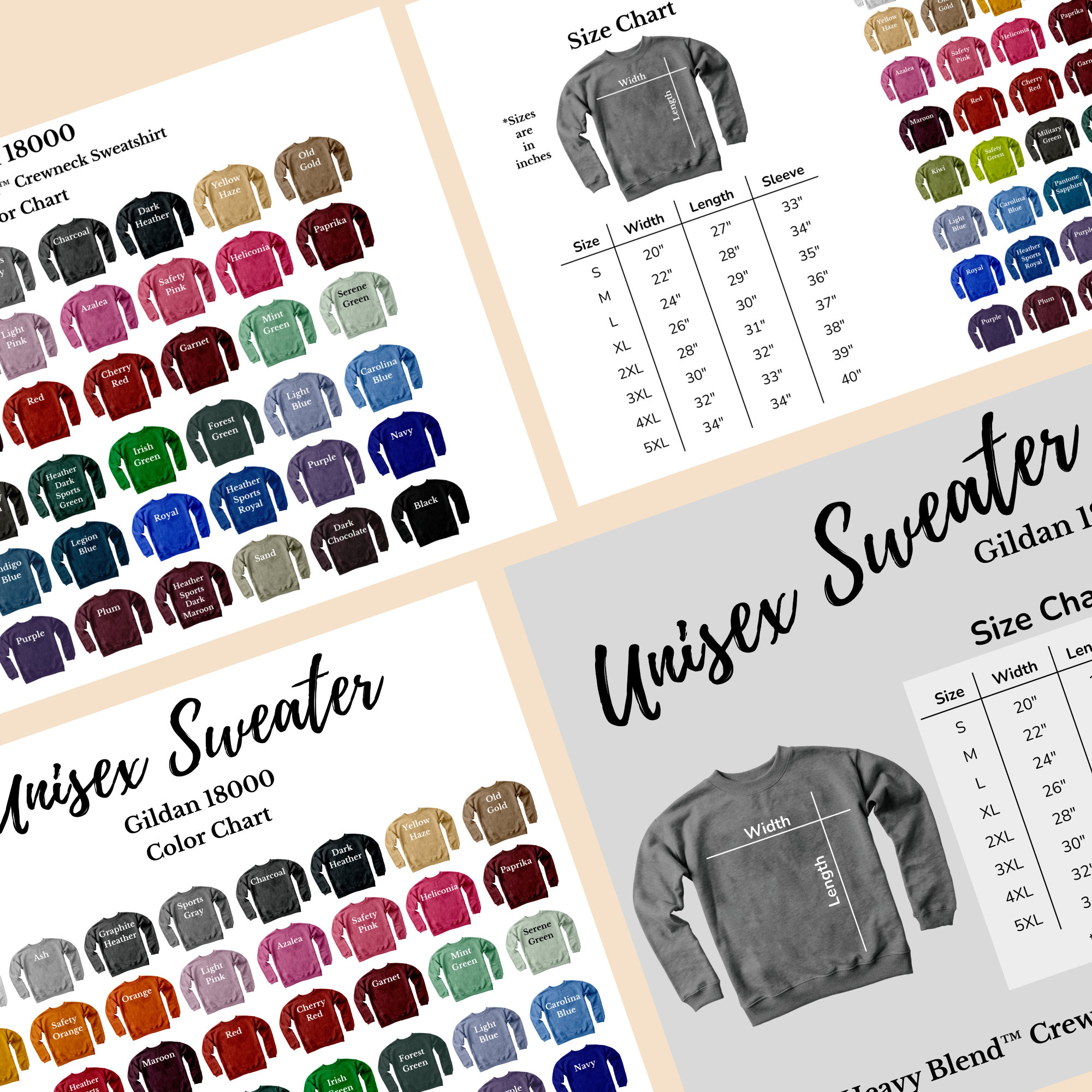 Gildan 18000 Color Chart + Size Chart + Mockup Bundle Unisex Sweatshirt ...