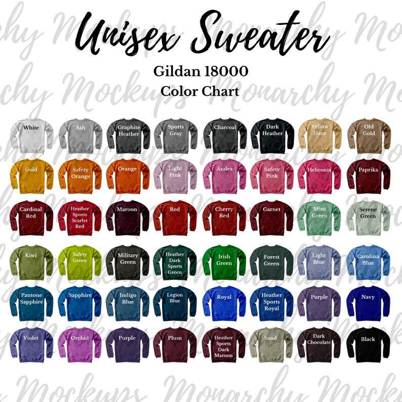 Gildan 18000 Color Chart + Size Chart + Mockup Bundle Unisex Sweatshirt ...