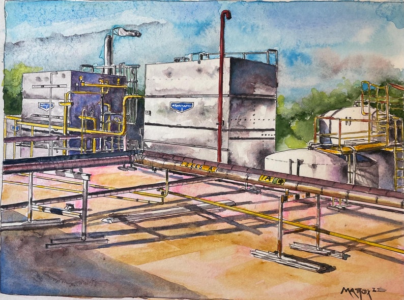 Watercolor, and Pen & Ink Painting of an Industrial Building Roof. - Etsy