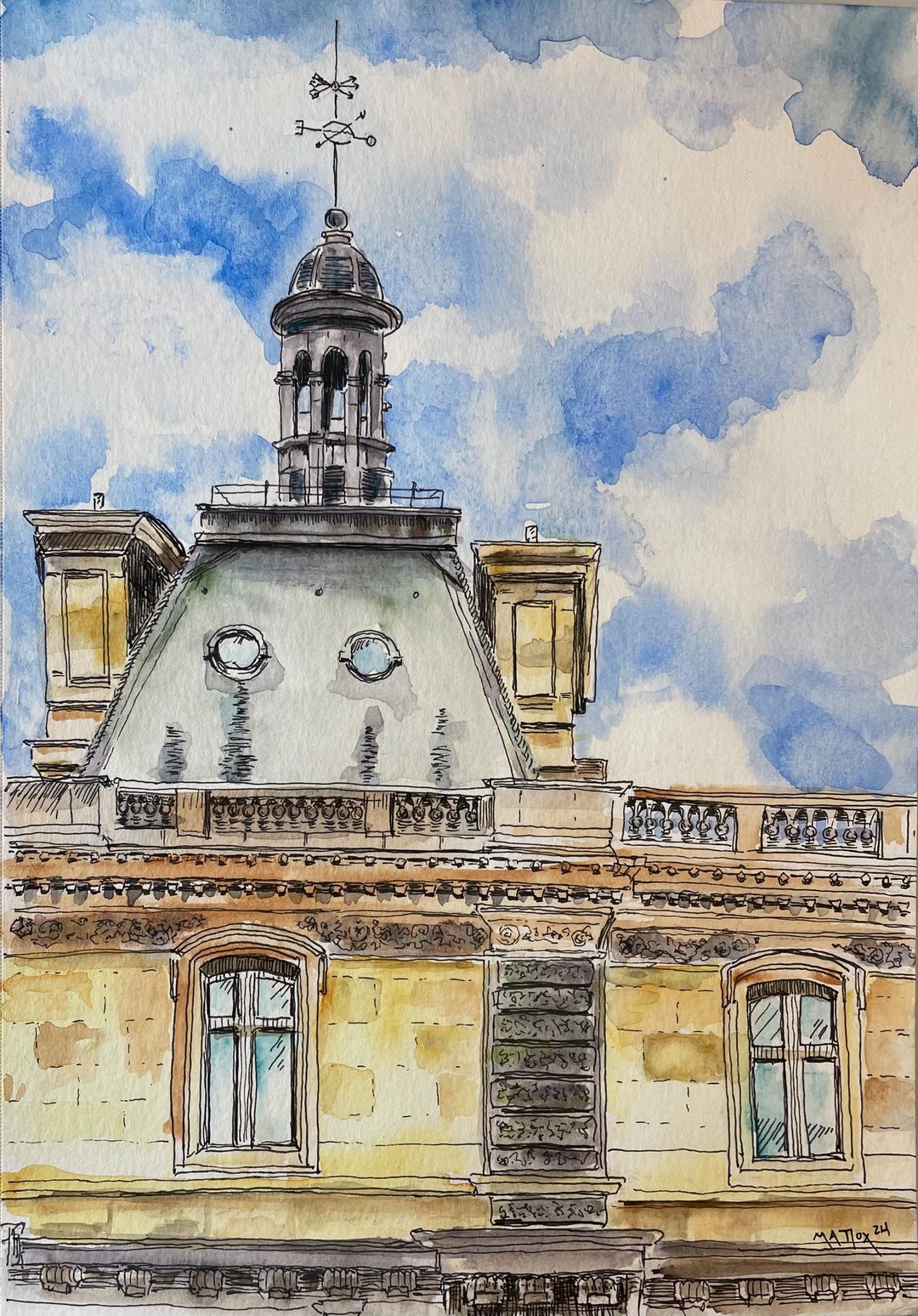 Water Color Pen and Ink Original Painting of the Louvre in Paris France ...