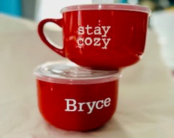 Stay Cozy Soup Mug; Personalized Soup Mug; 25 Oz; Vented Soup Bowl; Ice ...