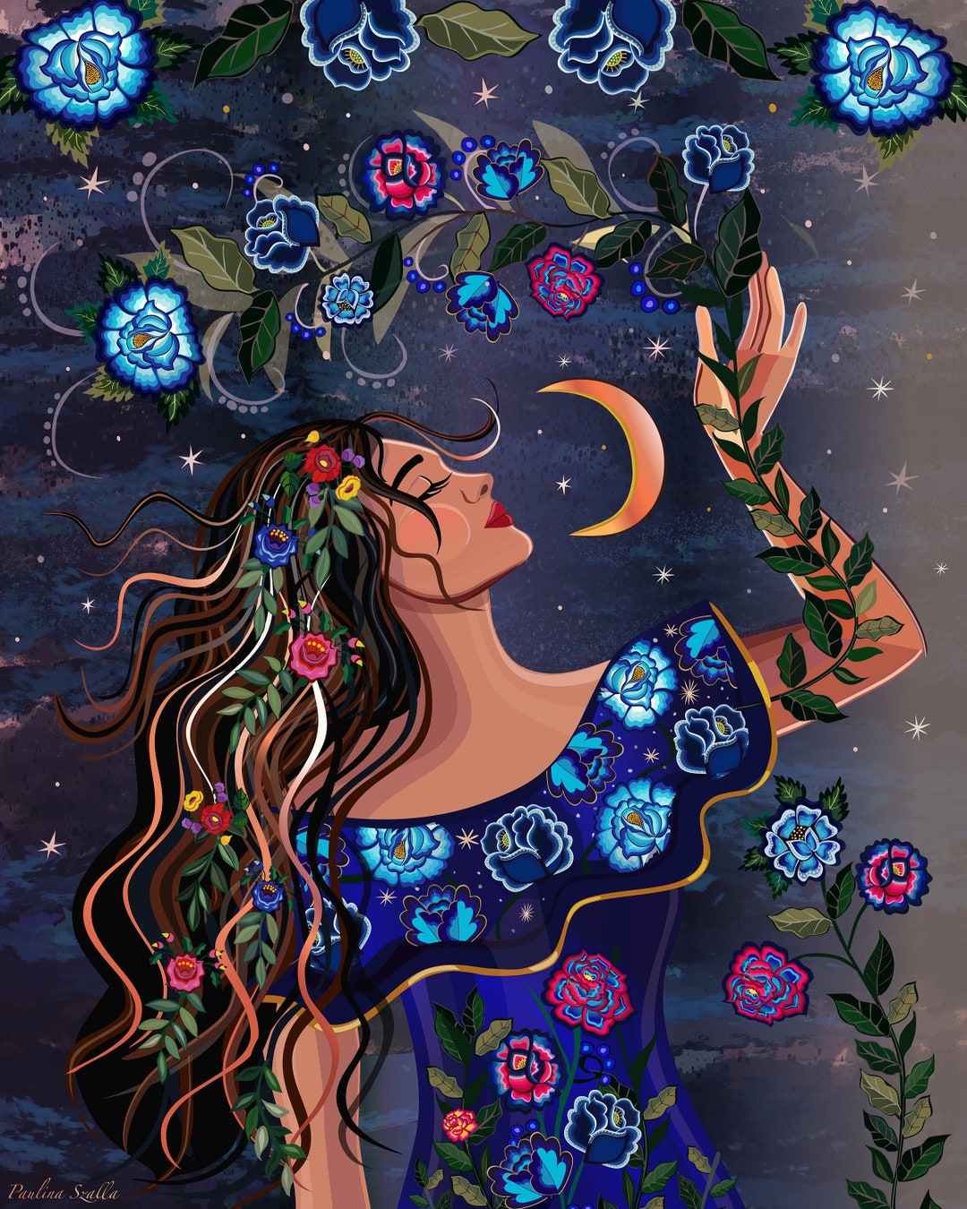 Flowers in the Moonglow | Stars and Moon Hair Art | Colorful Print ...