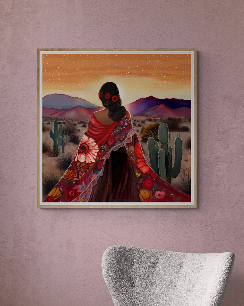 Calm Mind -mexico Latin Woman With Flowers Shawl,nature Inspired Desert ...