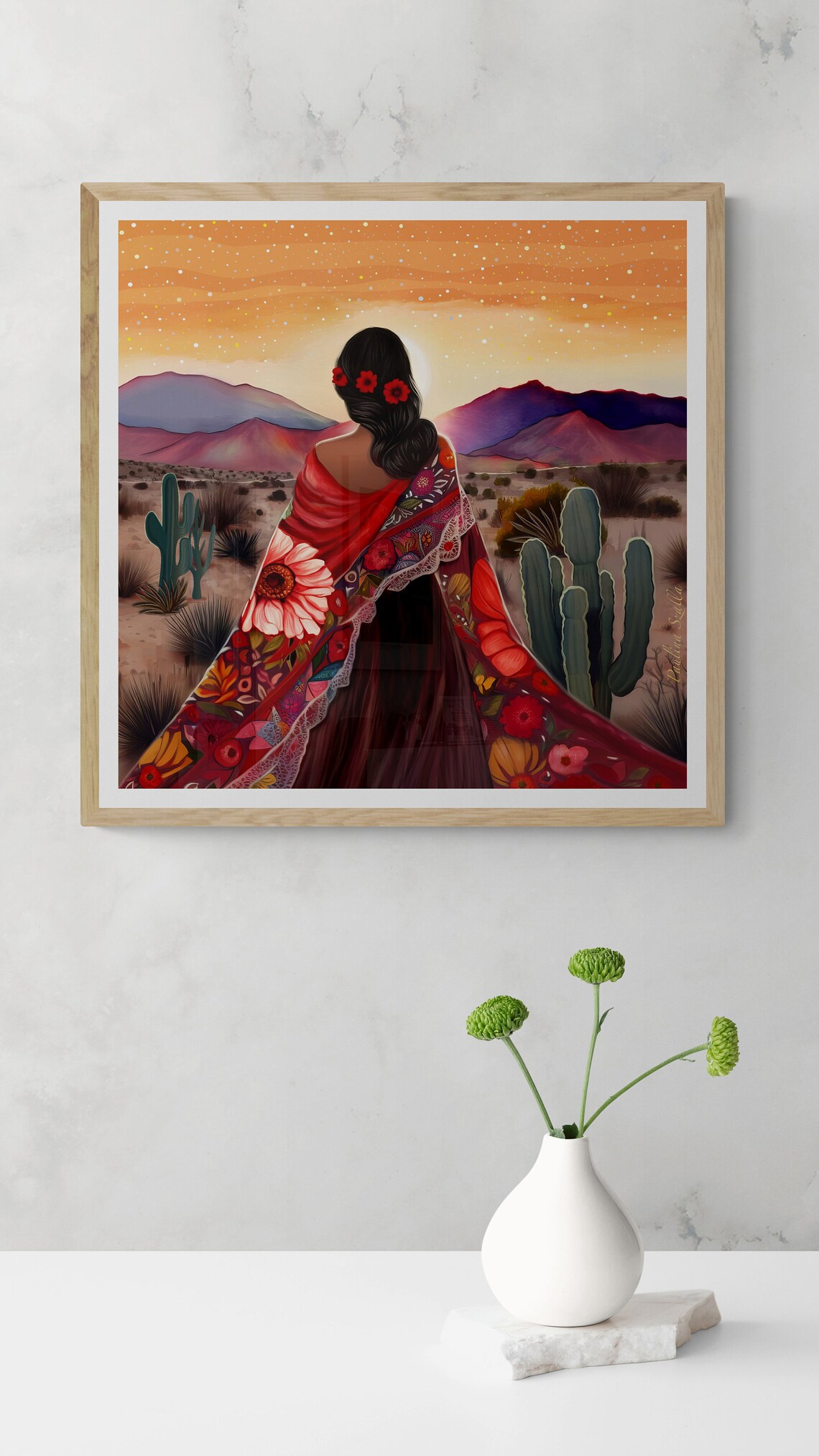 Calm Mind -mexico Latin Woman With Flowers Shawl,nature Inspired Desert ...