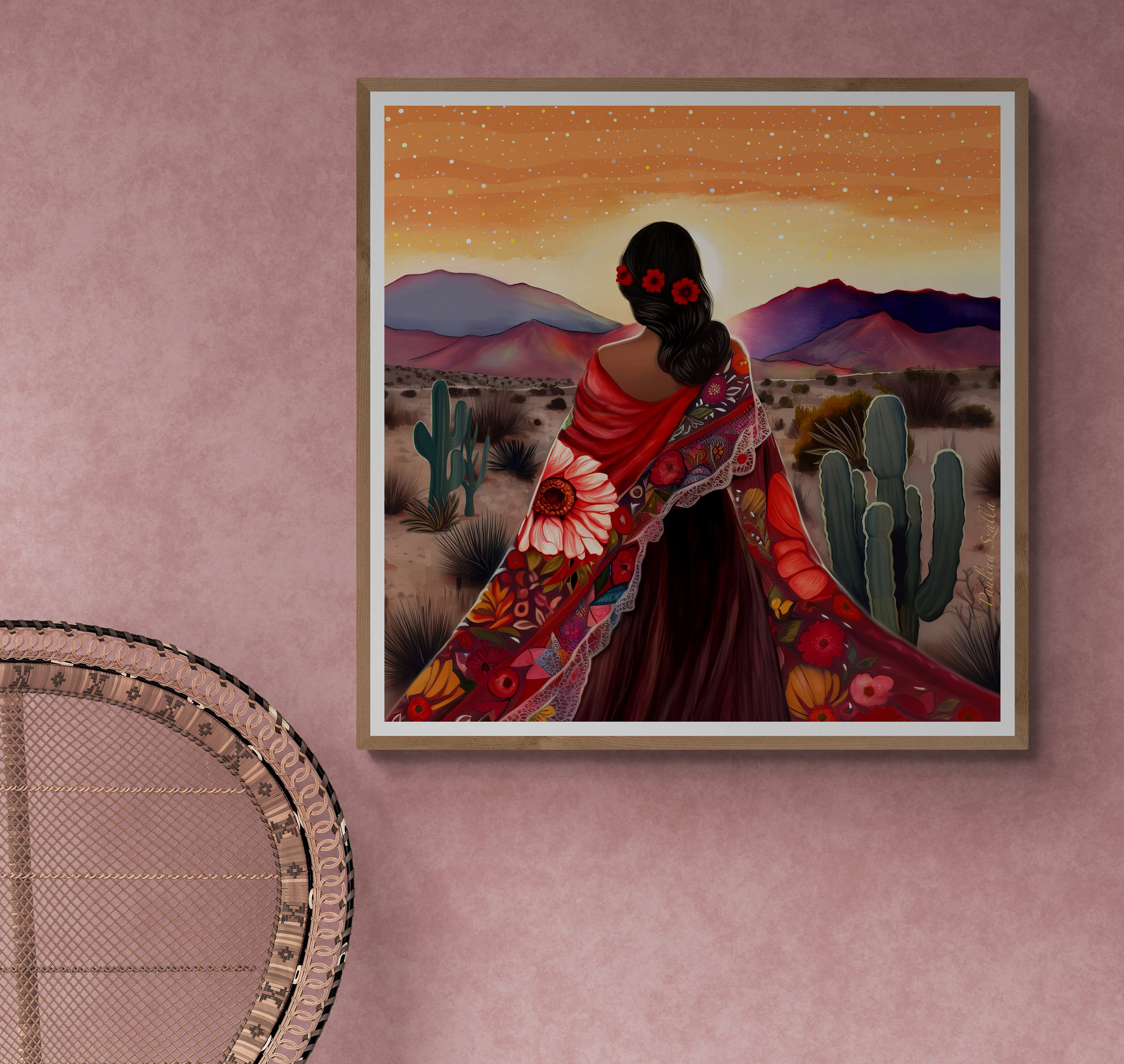 Calm Mind -mexico Latin Woman With Flowers Shawl,nature Inspired Desert ...
