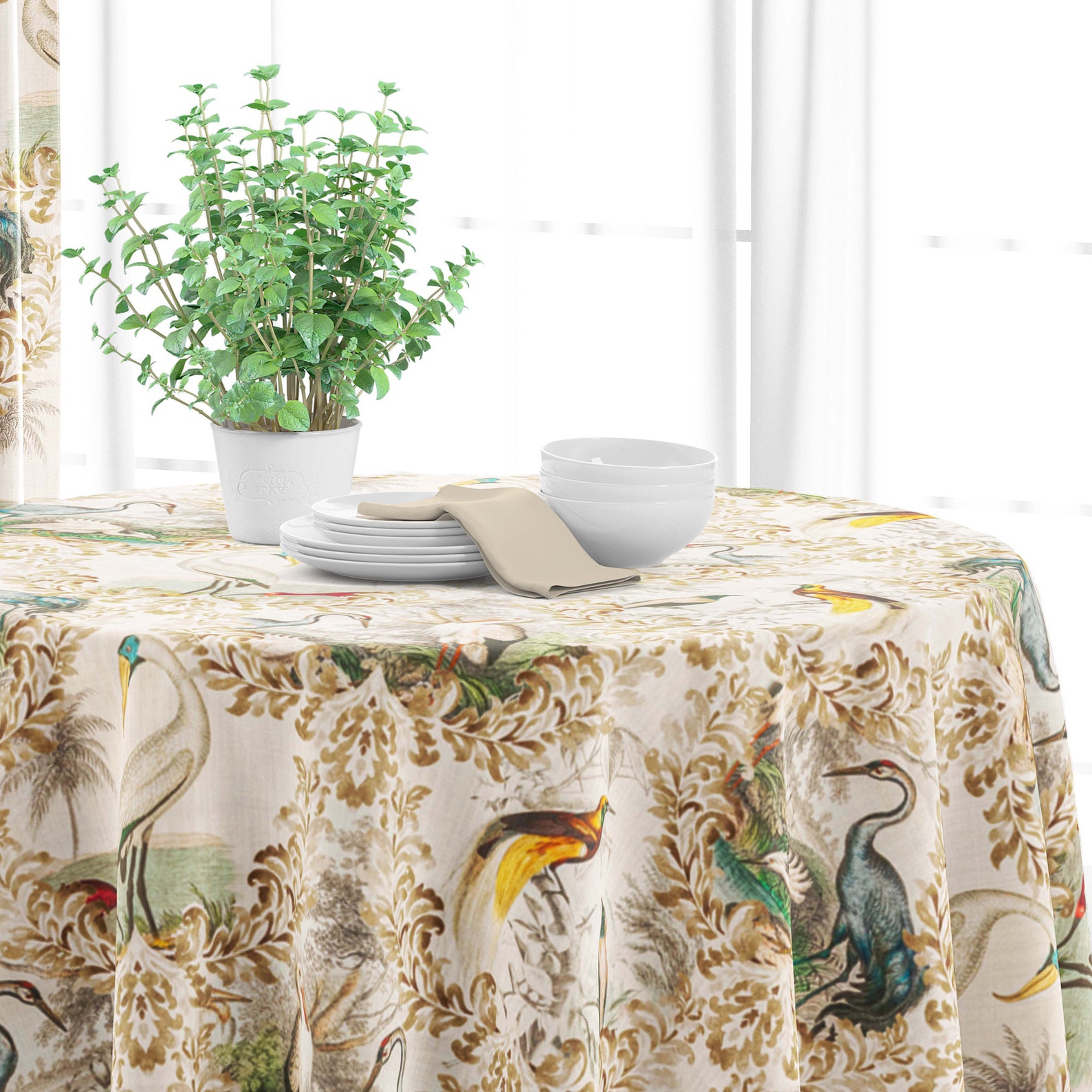 Round Tablecloth in Wayward Natural Bird Toile - Large Scale - Etsy