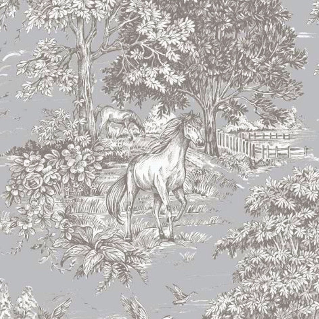 Tailored Crib Skirt in Yellowstone Dove Blue Gray Country Toile Horses ...