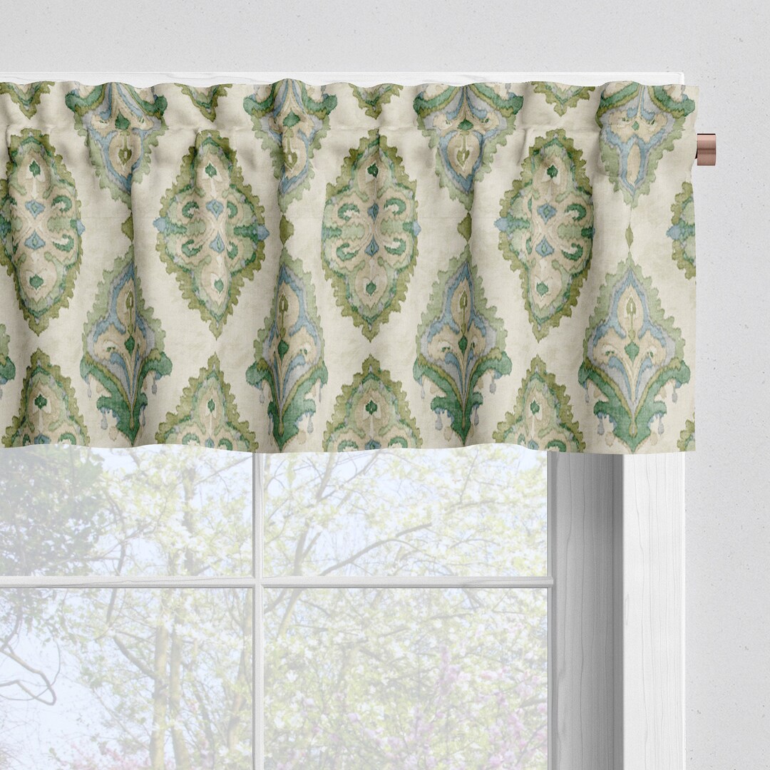 Tailored Valance in Queen Bay Green, Blue Medallion Watercolor- Large ...