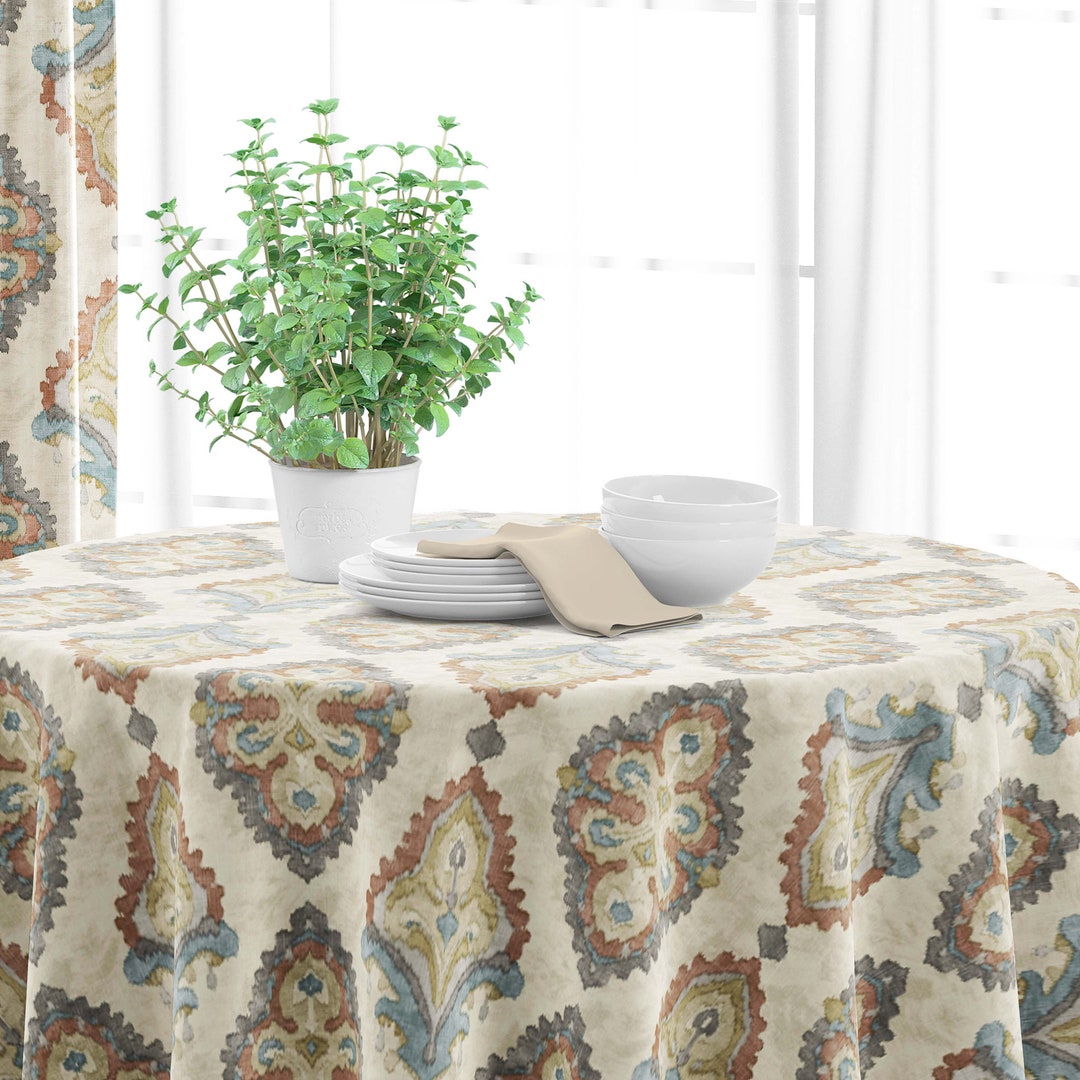 Round Tablecloth in Queen Tuscan Blue and Coral Medallion Watercolor ...