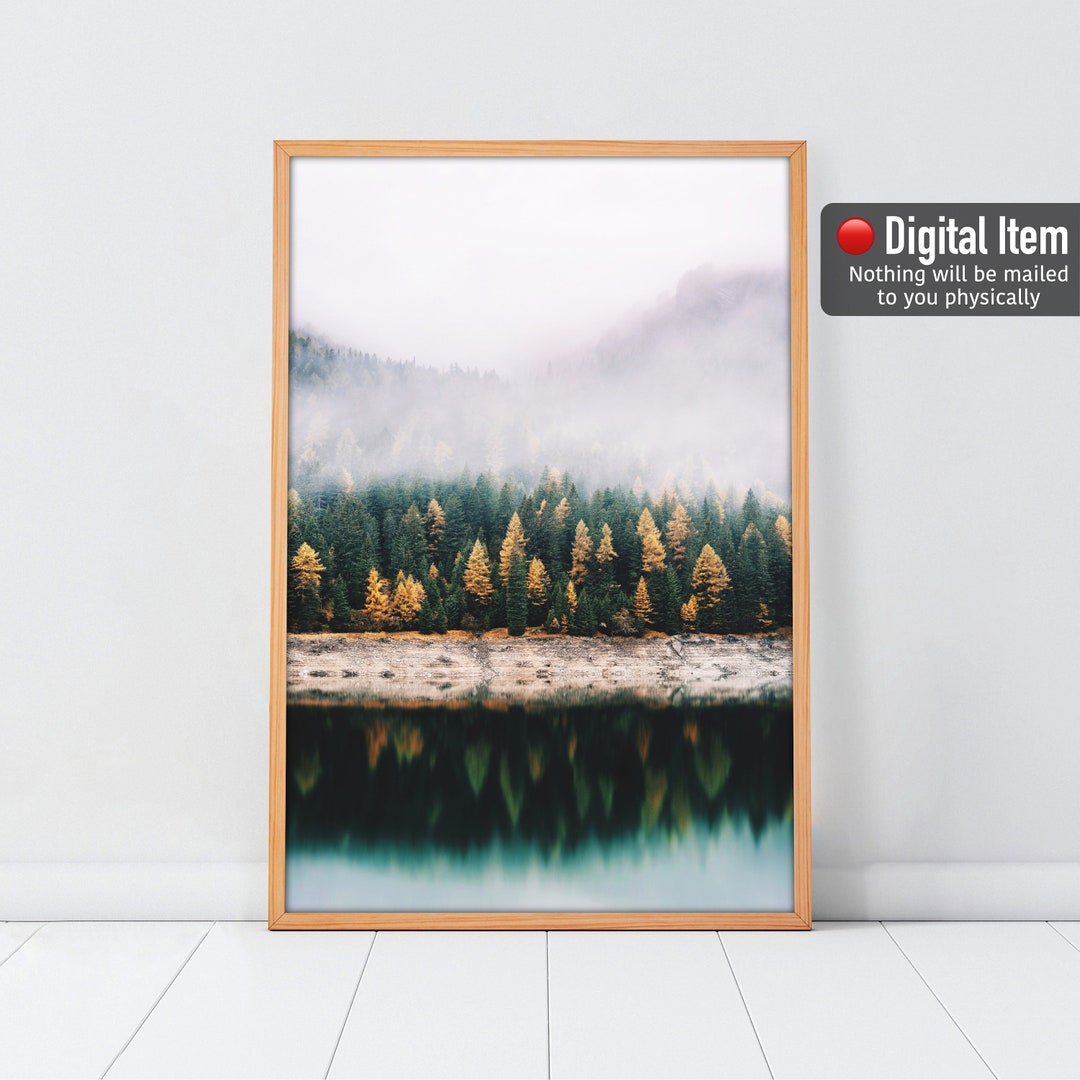 Autumn Forest Print, Fall Forest Poster, Misty Foggy Trees, Fog ...