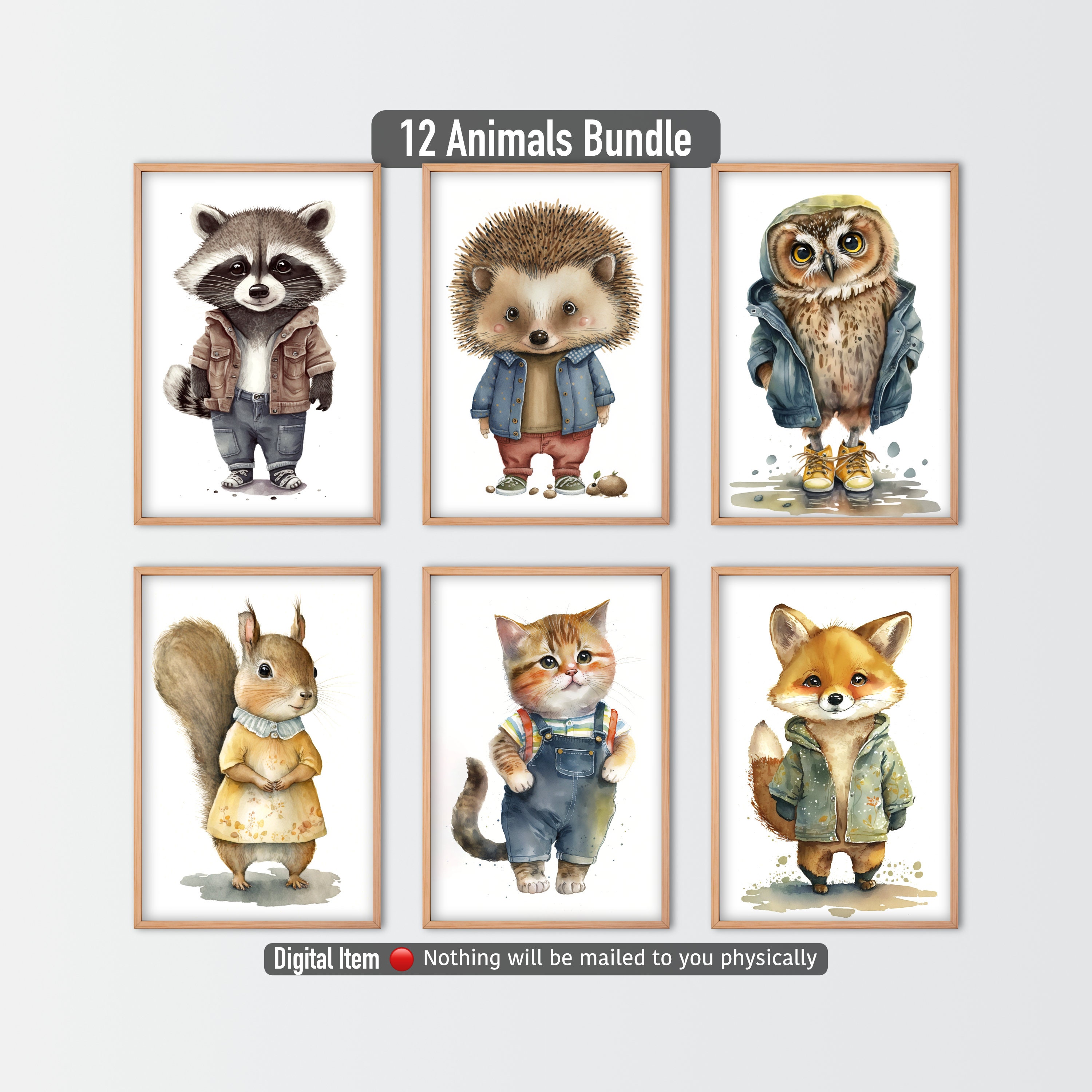 Cute Animals Wall Art Set, 12 Nursery Prints Bundle, Watercolor ...