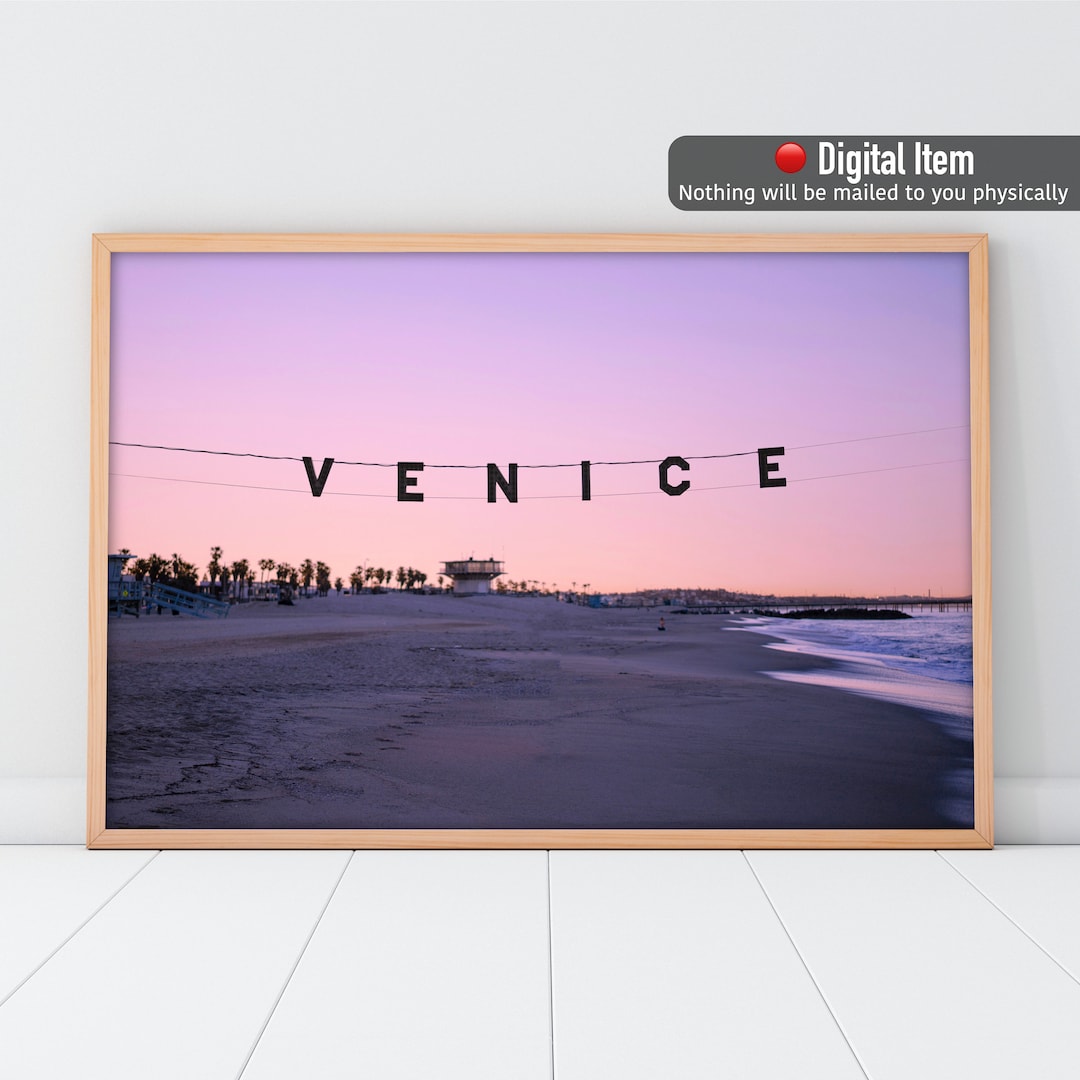 Venice Beach Print, Venice Sign Poster, Purple Sunset Los Angeles Wall ...
