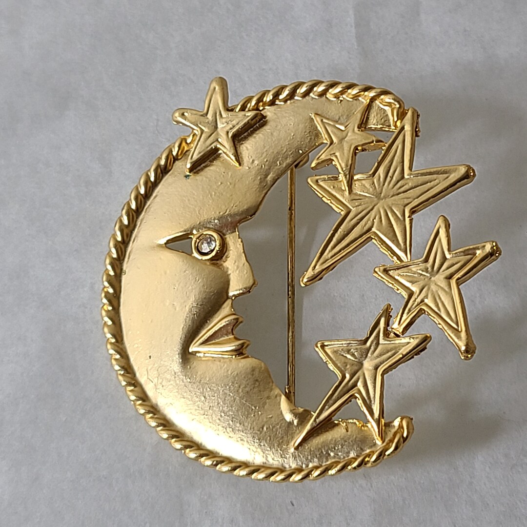Vintage Man on the Moon Crescent Moon and Stars Brooch Pin Unmarked ...