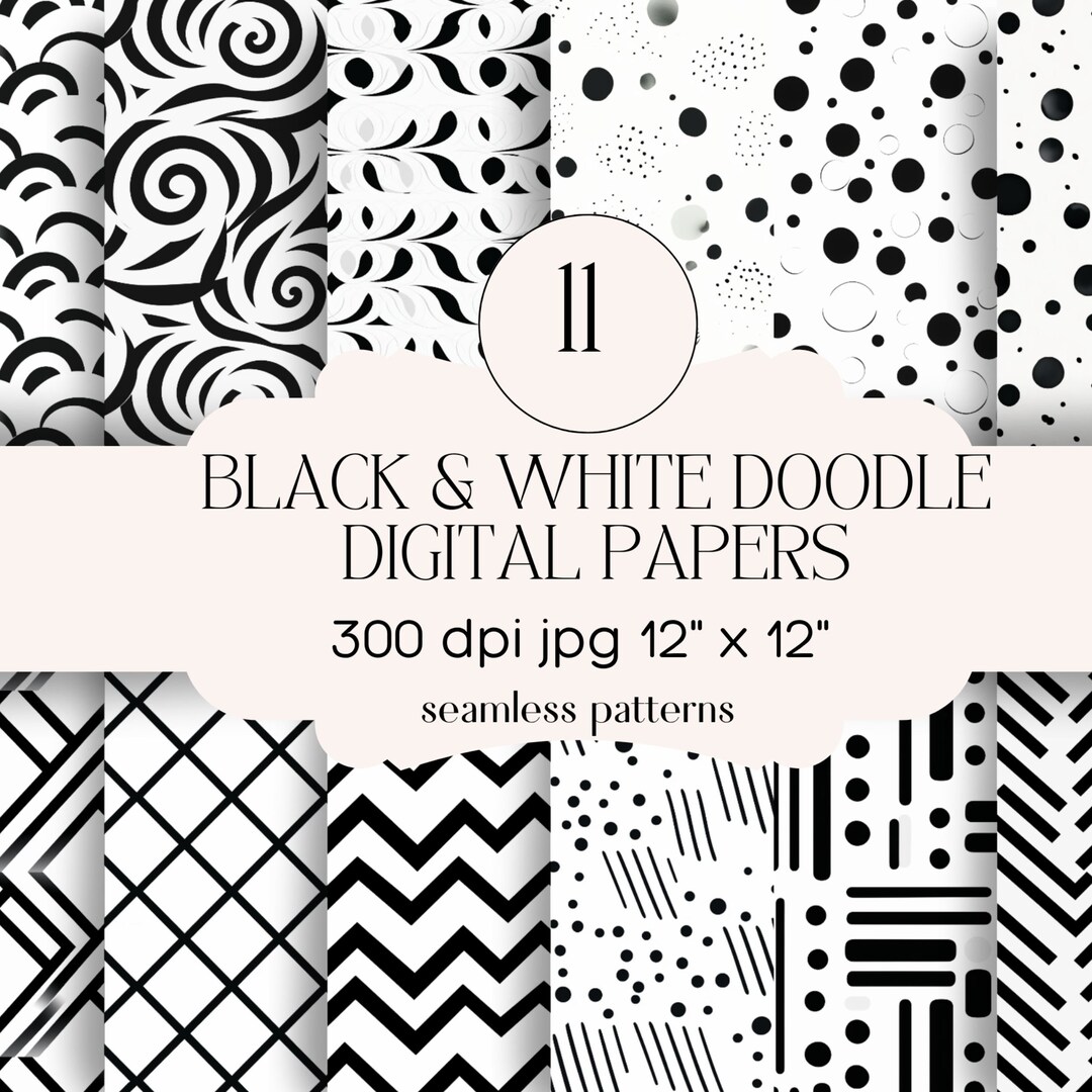 Black & White Digital Papers in Seamless Pattern, 11 Doodle Design ...