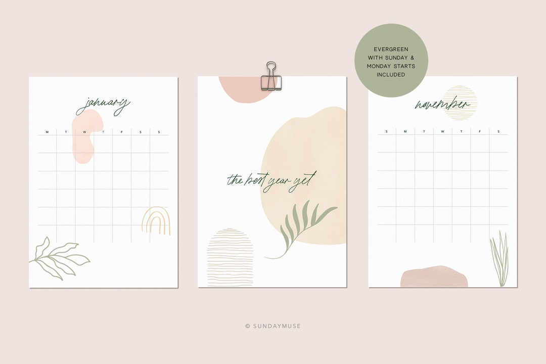 2025 Calendar Printable Undated Calendar Boho Evergreen Calendar A4 A3 ...