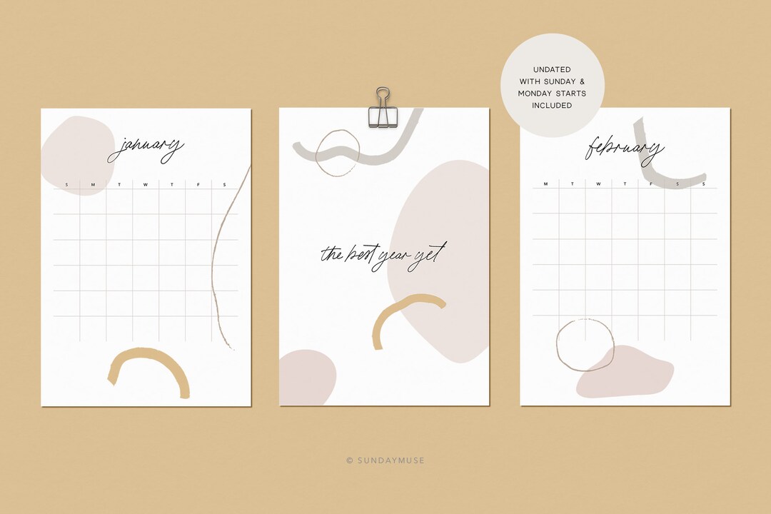 2023 2024 Calendar Printable Undated Calendar Neutral Abstract Boho ...