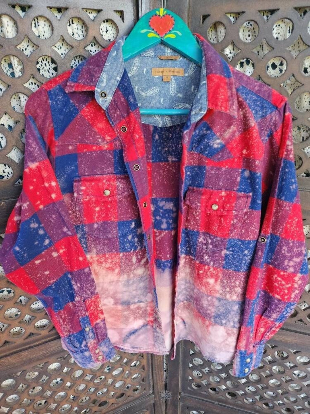Red SMALL Acid Washed Flannel, Splatter Bleached Flannel Shirt, Snap ...