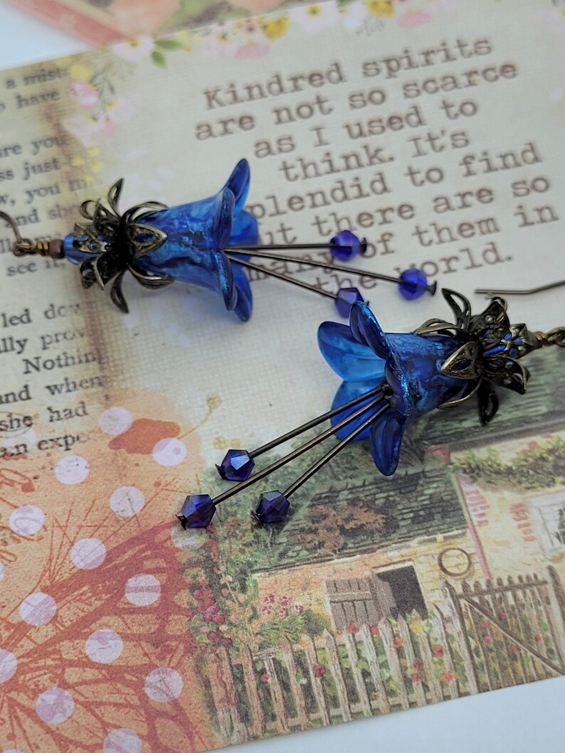 Blue Lagoon, Hand Painted Lucite Flower Earrings, Boho Dangles, Vintage ...