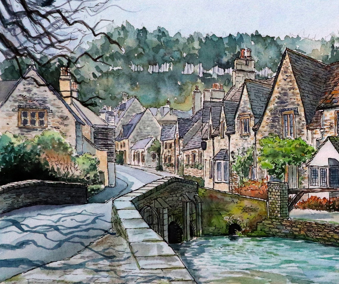 Cotswolds old village art print British countryside Castle - Etsy 日本