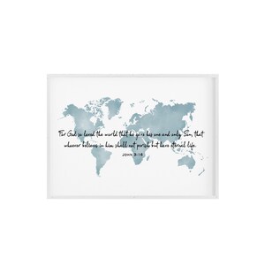 Christian Wall Art Large Blue WORLD MAP 16x20, John 3:16, Christian Art ...