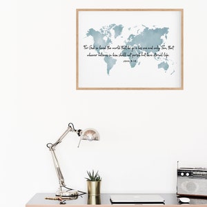 Christian Wall Art Large Blue WORLD MAP 16x20, John 3:16, Christian Art ...