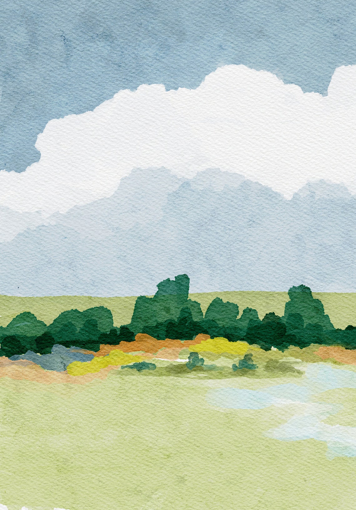 Green Pasture Watercolor Landscape Art Print Peaceful Wall - Etsy