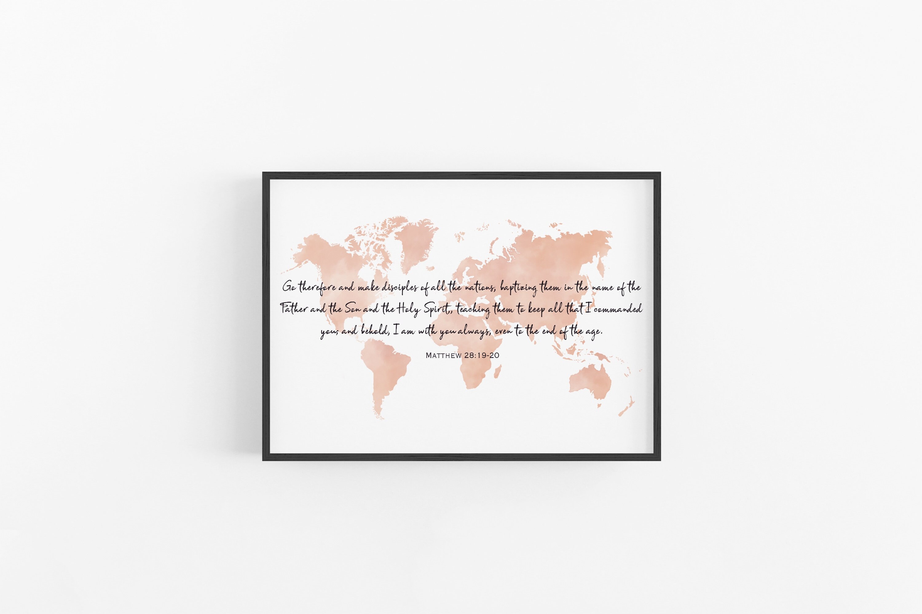 Pink World Map Matthew 28:19-20 World Map Wall Art Art | Etsy UK
