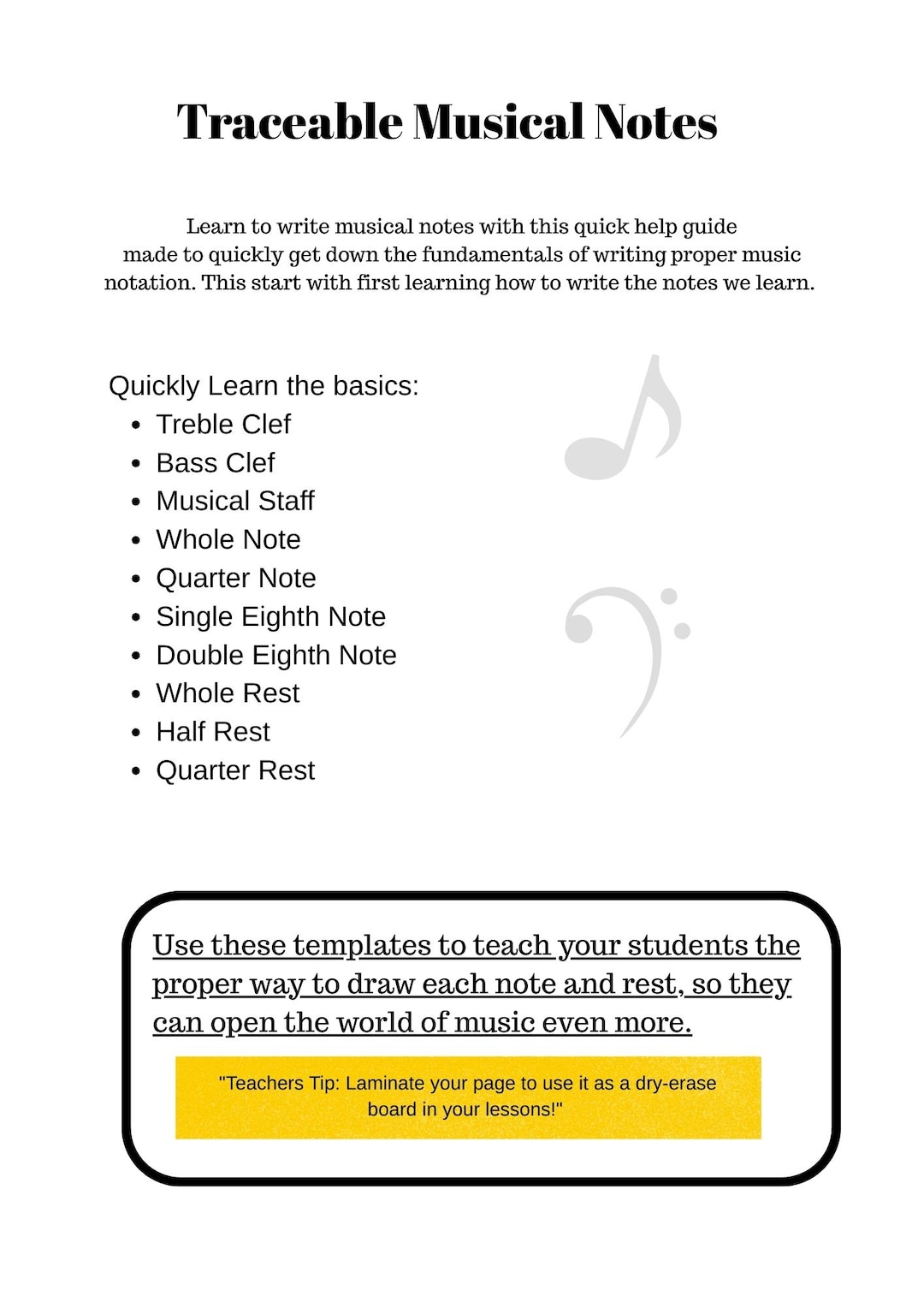 Printable Musical Notes Tracing Worksheets for Kids, Beginner Music ...