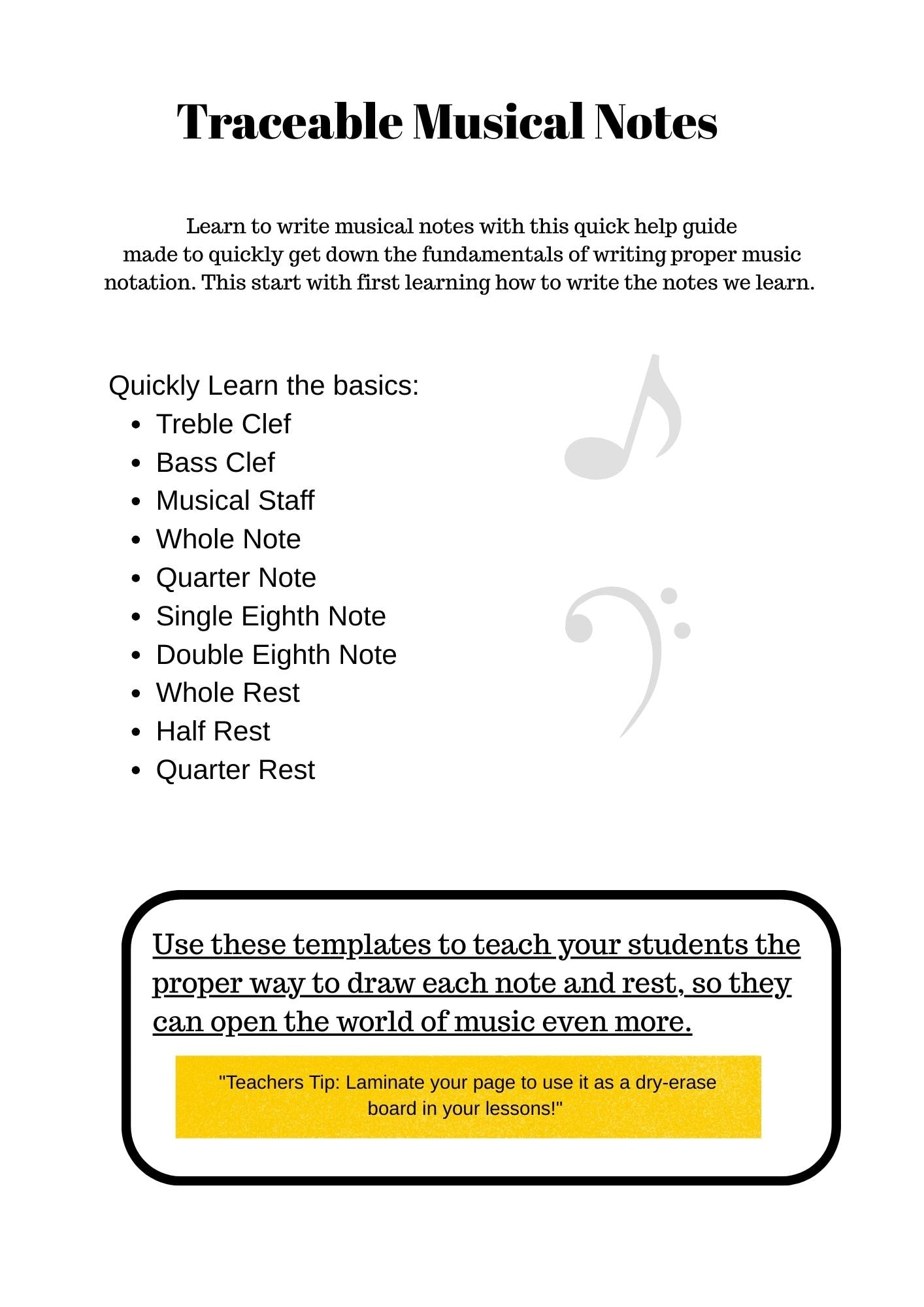 Printable Musical Notes Tracing Worksheets for Kids, Beginner Music ...