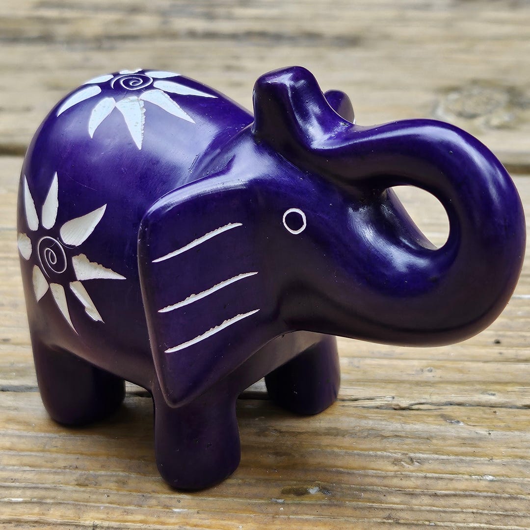 Hand Carved Purple Soapstone Elephant Figurine With Trunk Up, Lucky ...