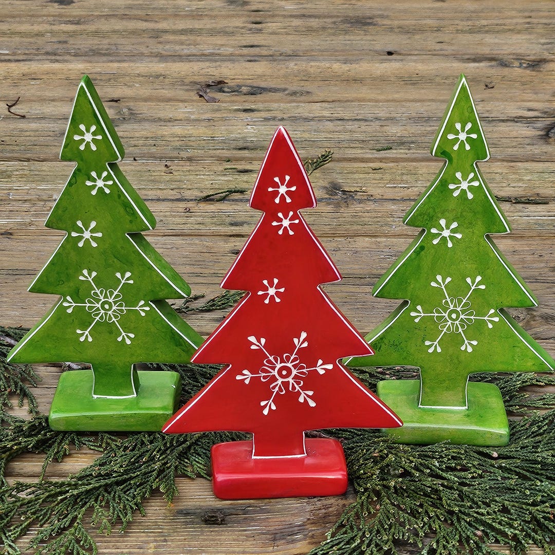 Christmas Tree Soapstone Decor, Stone Christmas Tree Figurine, Red and ...