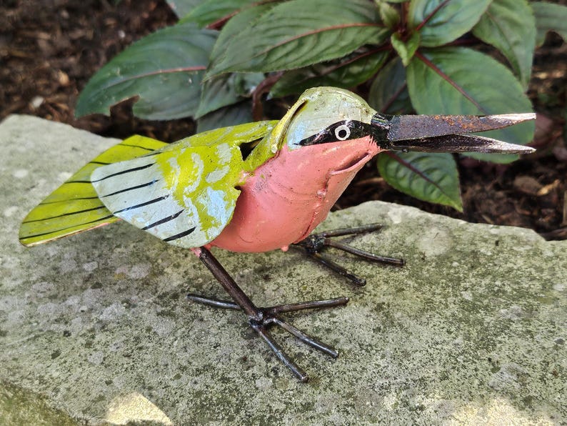 Handcrafted Recycled Steel Hummingbird - Vibrant Green Body, Pink Chest ...