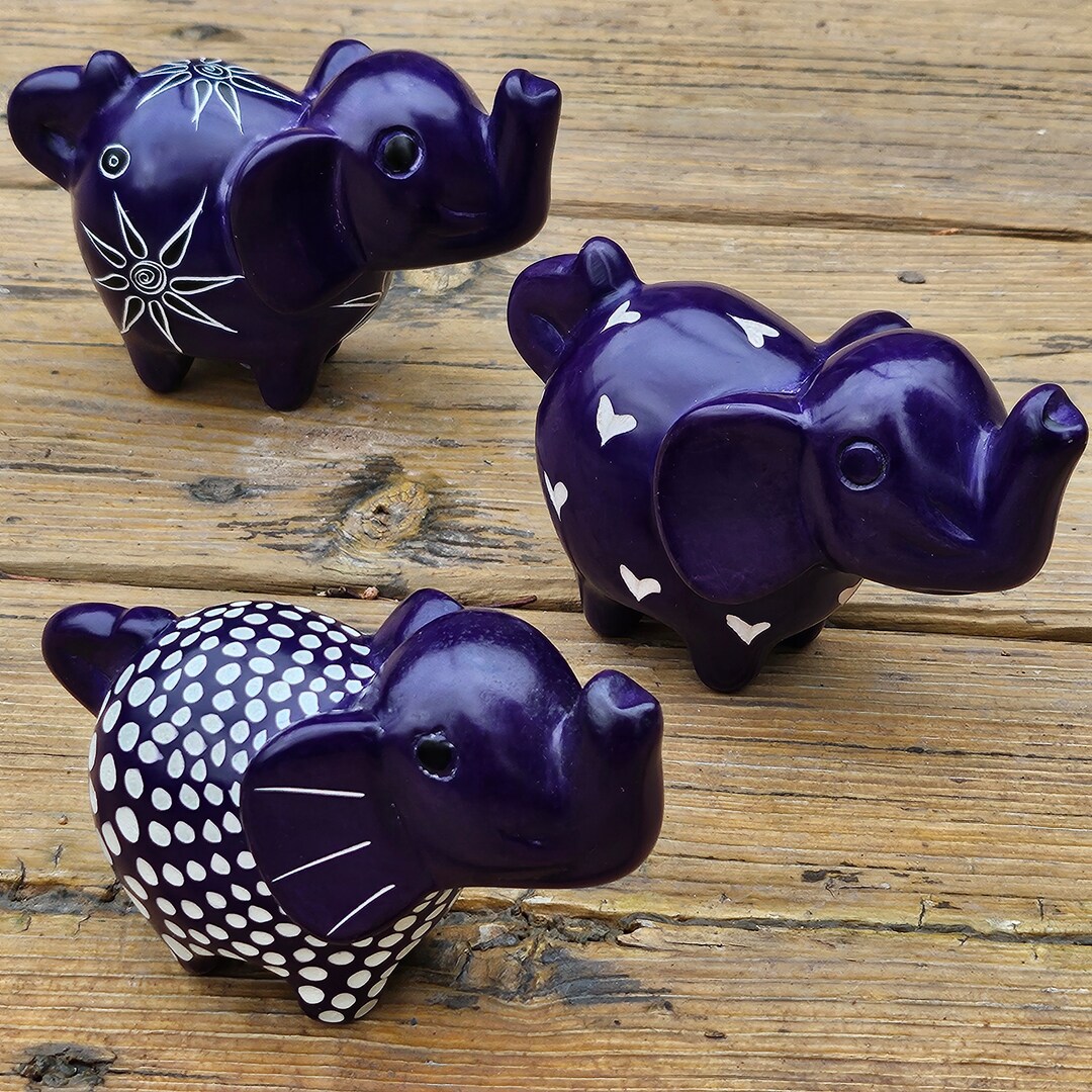 Hand Carved Purple Soapstone Elephant Figurine With Trunk Up, Elephant ...