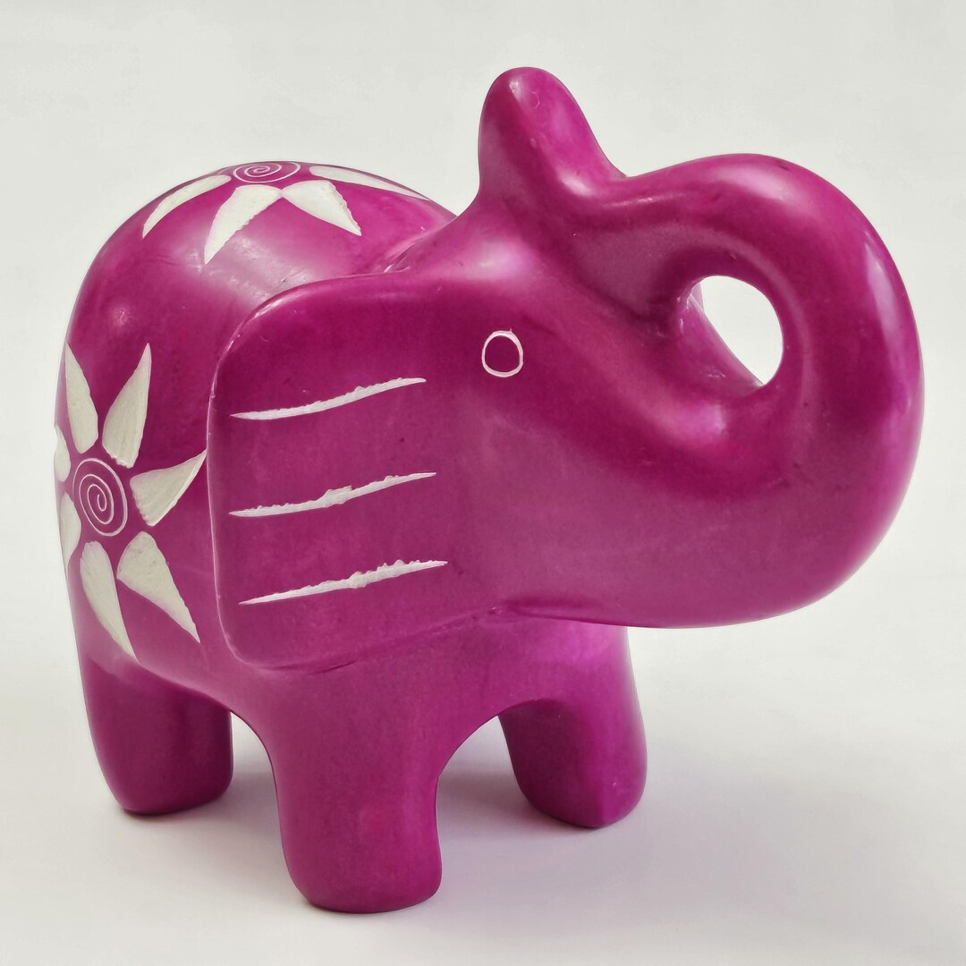 Hand Carved Pink Soapstone Elephant Figurine With Trunk Up, Lucky ...