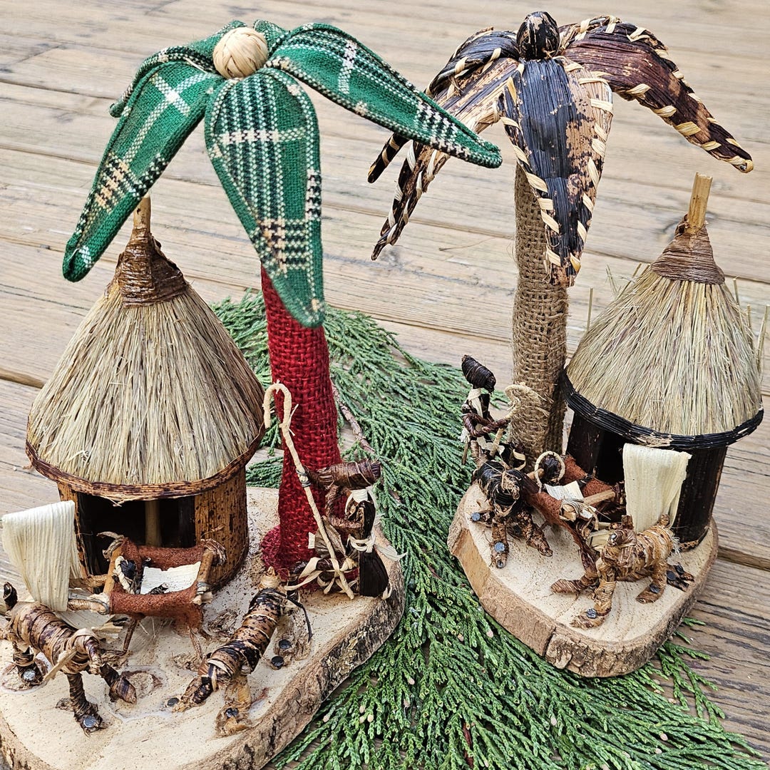 Kenya Banana Fiber Nativity Scene With Plaid Palm Tree and Hut ...