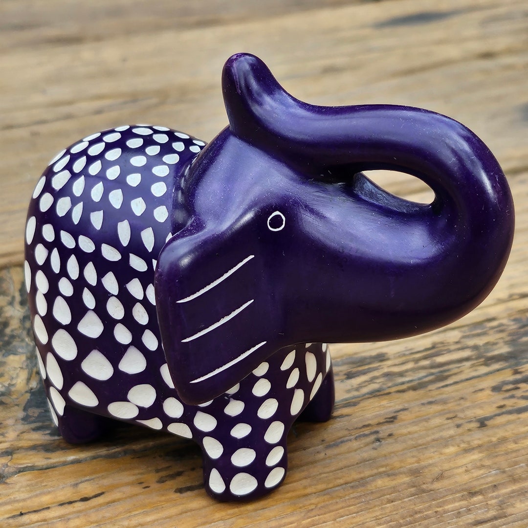 Hand Carved Purple Soapstone Elephant Figurine With Trunk Up, Lucky ...