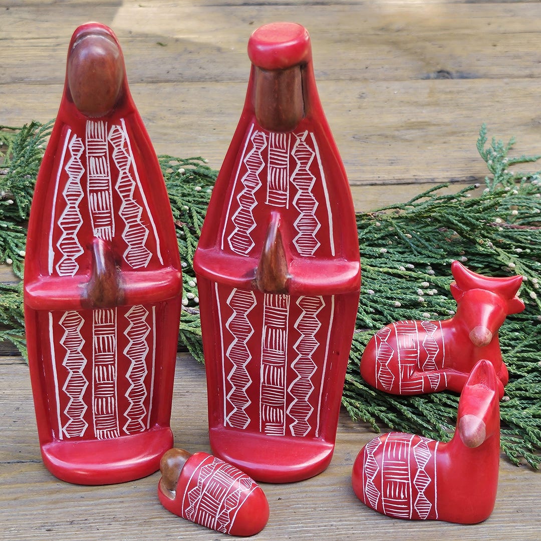 African Soapstone Nativity Set in Red (5 Piece), Hand Carved Mary ...