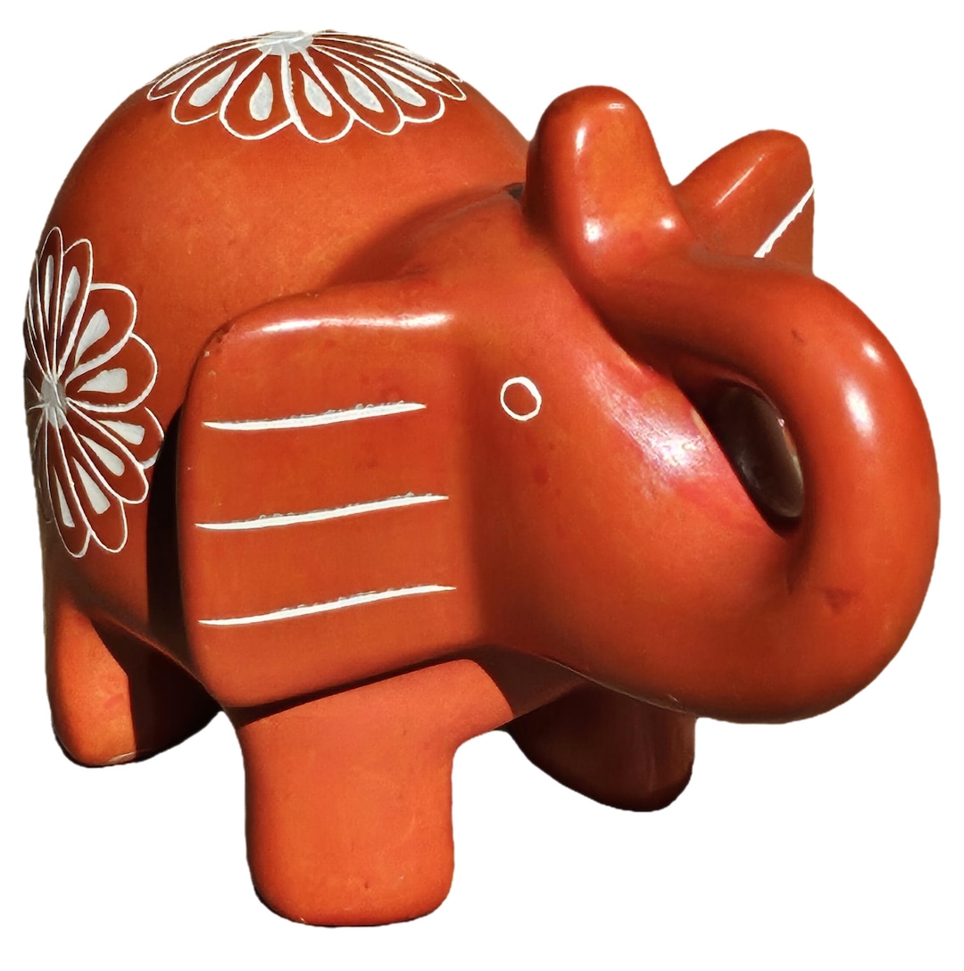 Hand Carved Orange Soapstone Elephant Figurine With Trunk Up, Lucky ...