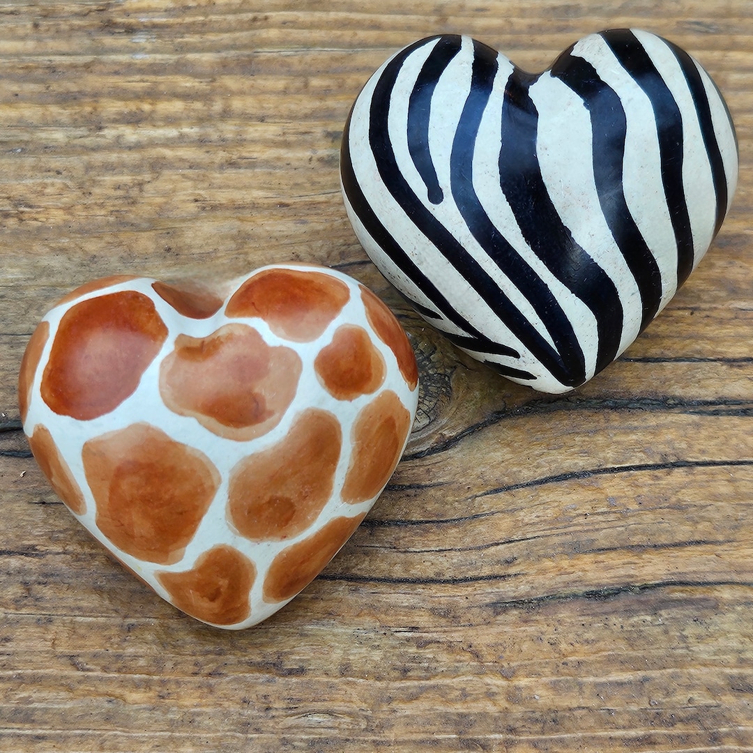 1.5 Stone Hearts Carved From Soapstone Giraffe Pattern Heart Zebra ...