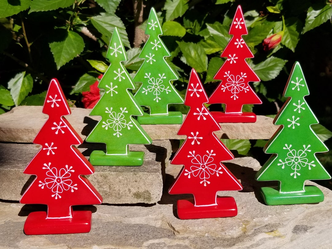 Christmas Tree Soapstone Decor, Stone Christmas Tree Figurine, Red and ...