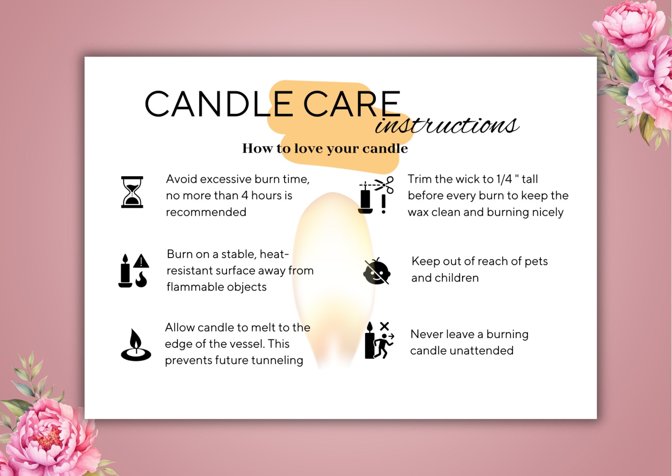 Candle Care Card Editable Template Printable Candle Instructions Candle ...