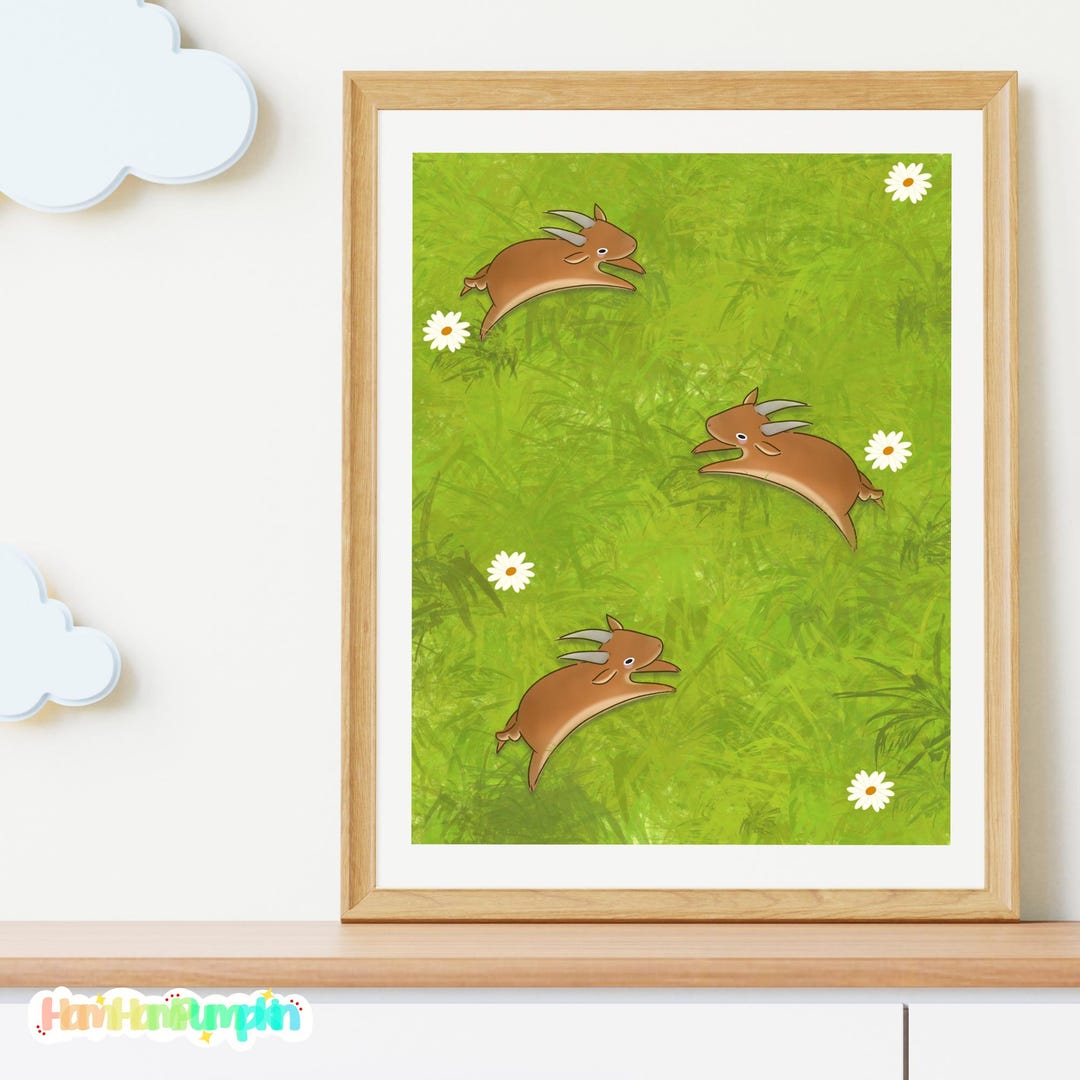 Cute Goat Art Print, Wall Decor for Kids, Spring Goat Art Print, Happy ...