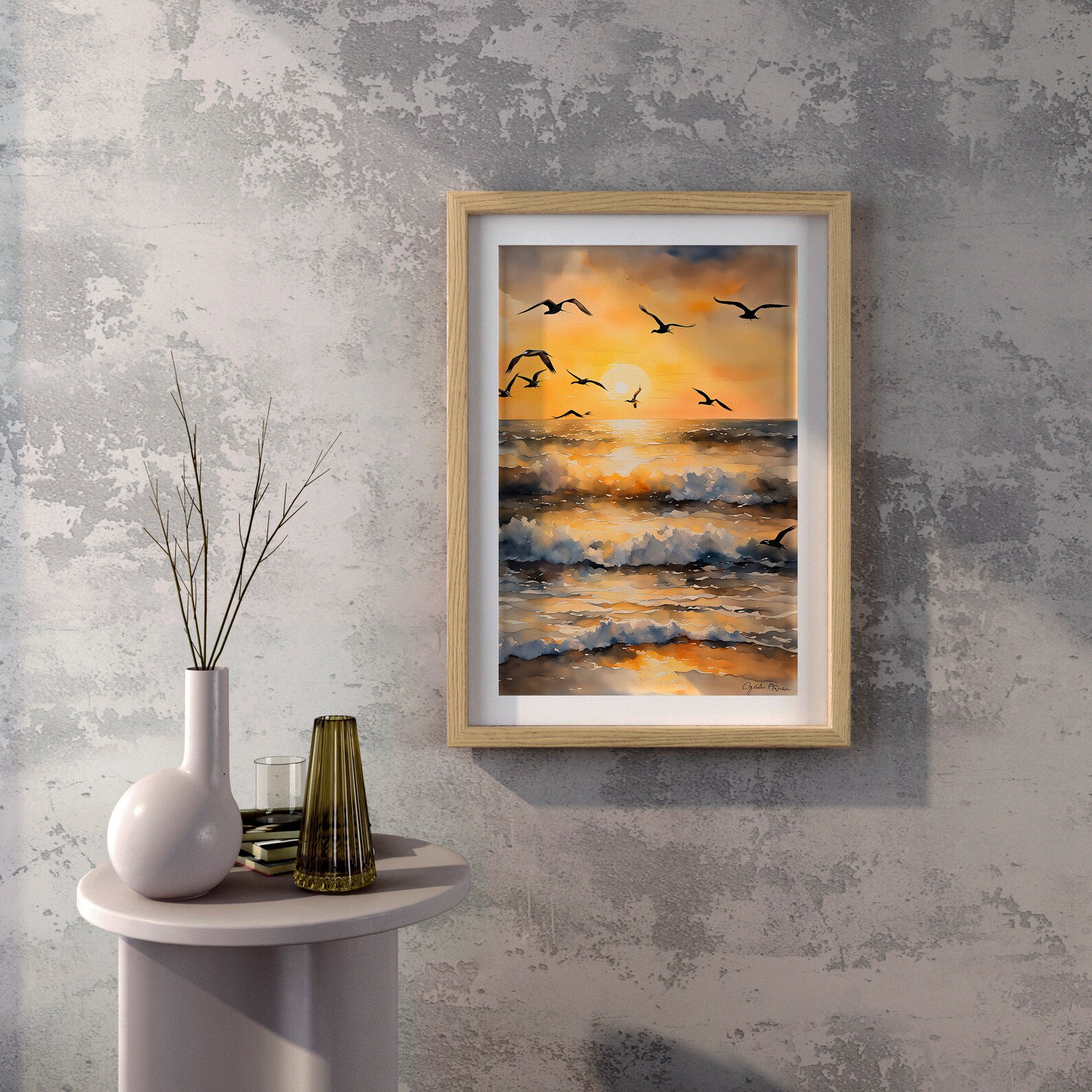 Ocean Waves With Seagull Printable Wall Art Golden Sunrise Seascape ...