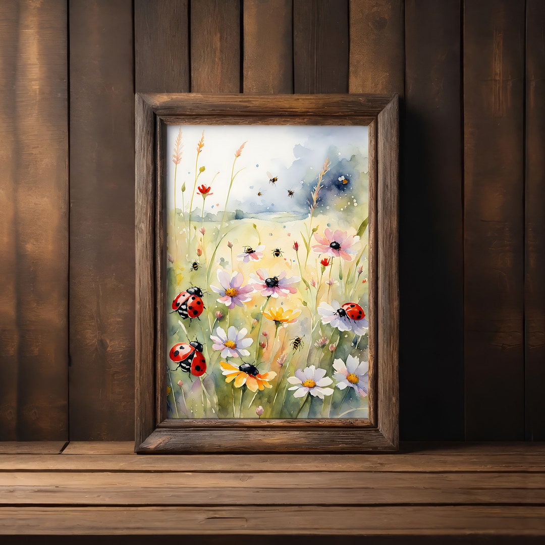 Wildflower Meadow With Clusters of Ladybugs Printable Digital Wall Art ...