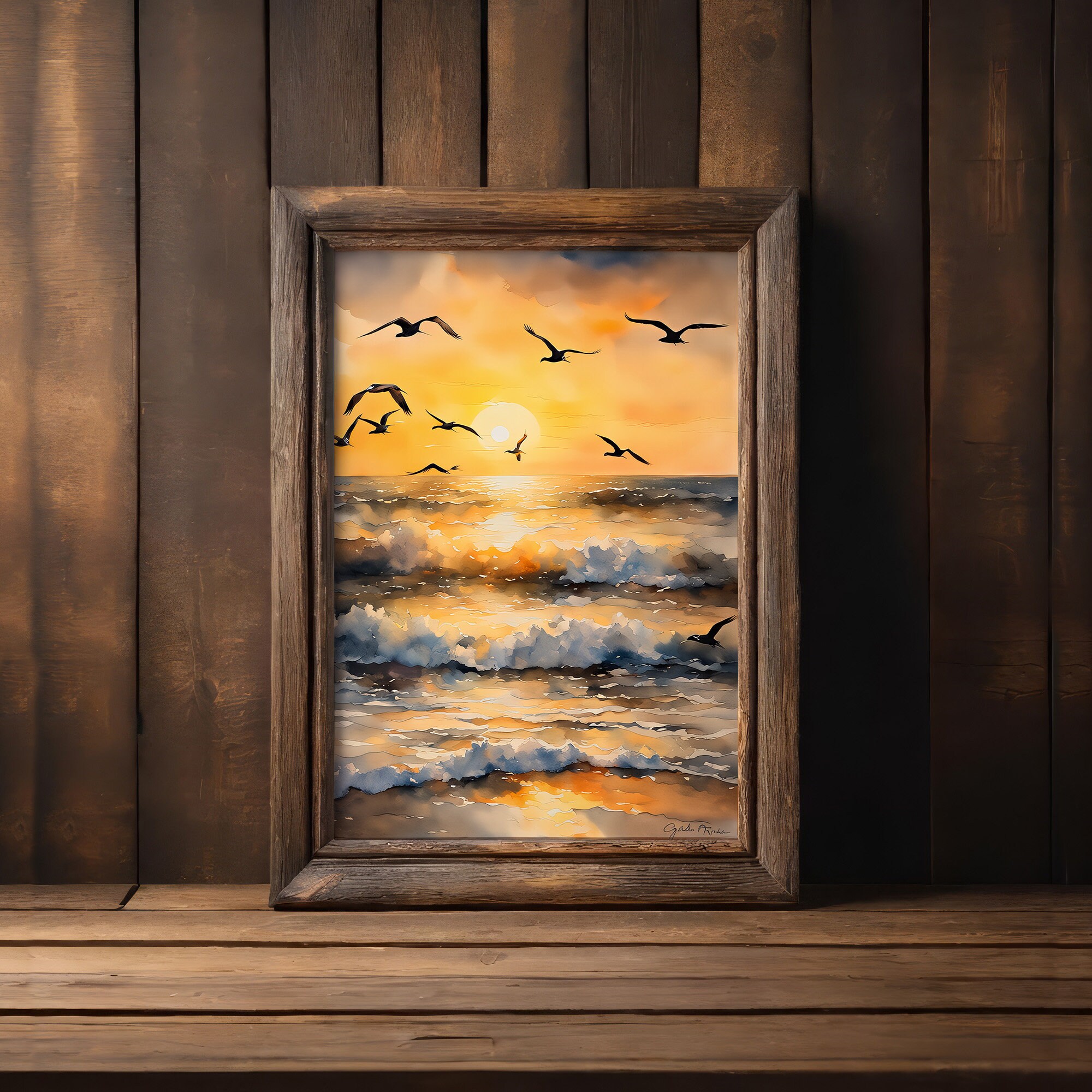 Ocean Waves With Seagull Printable Wall Art Golden Sunrise Seascape ...
