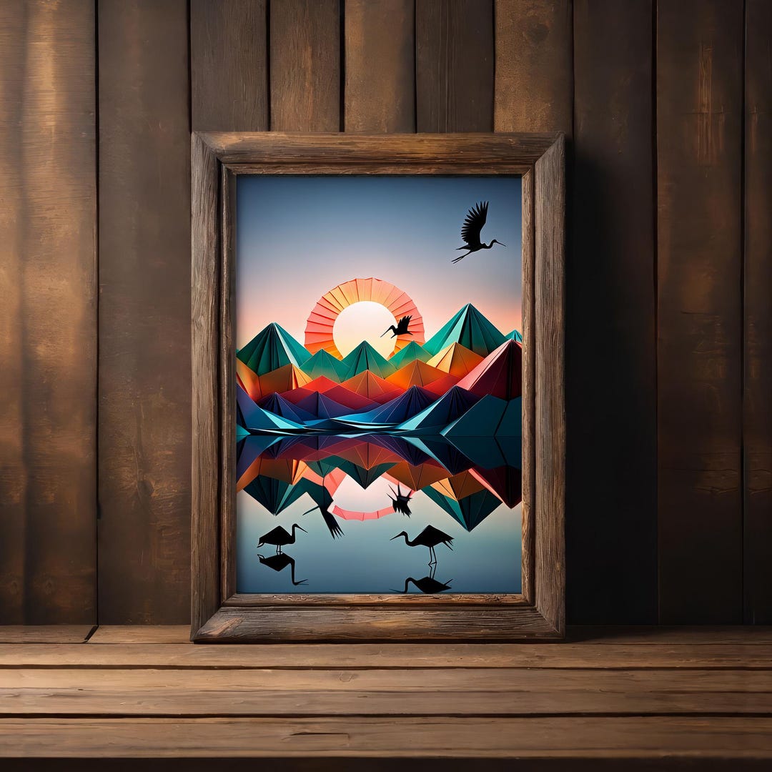 Sunrise Horizon Paper Folding Technique Silhouetted Mountains Vibrant ...