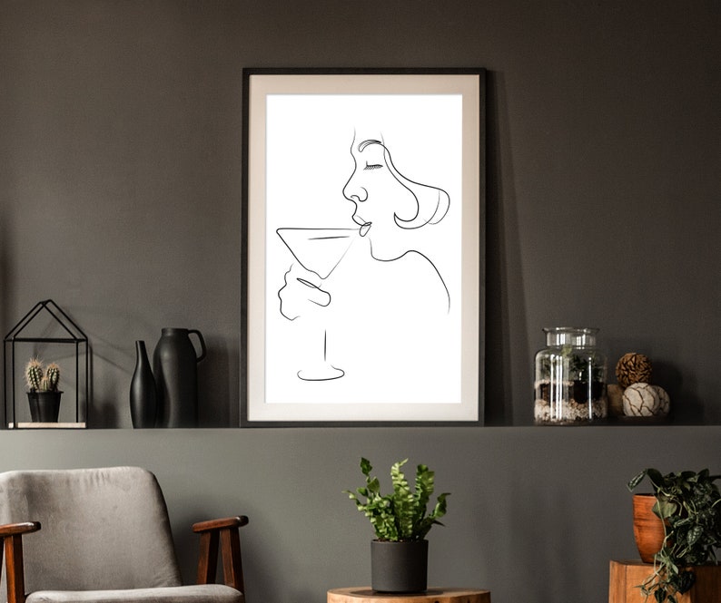 Cocktail Lady Print, Line Drawing Cocktail Glass, Female Drinking ...