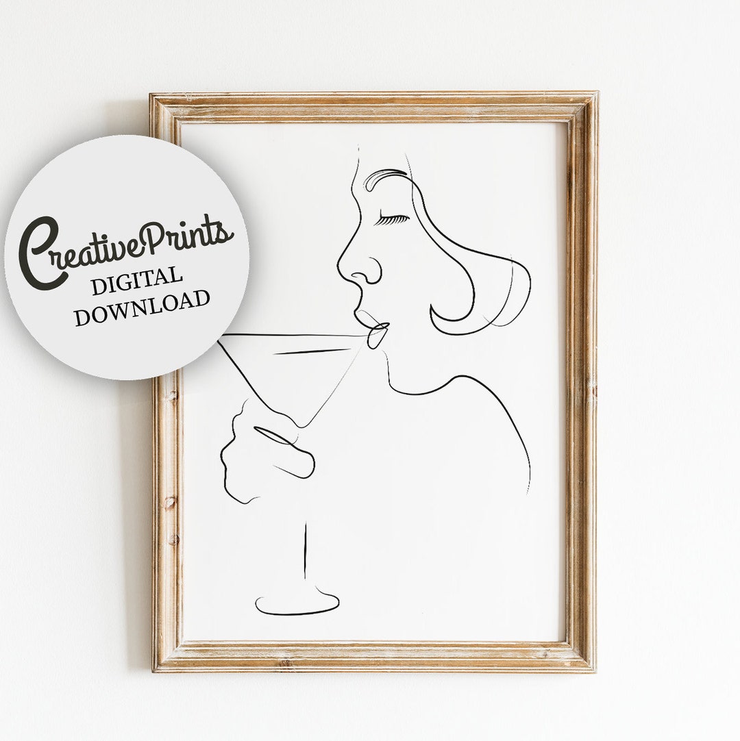 Cocktail Lady Print, Line Drawing Cocktail Glass, Female Drinking ...