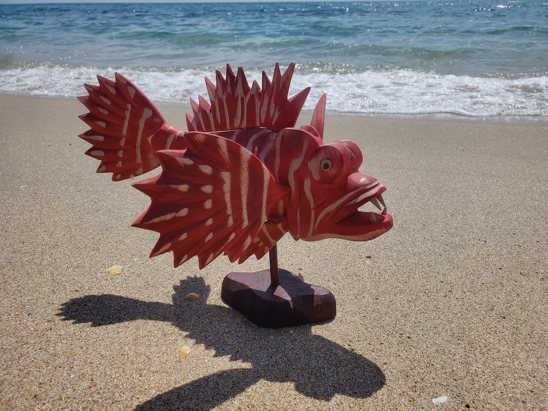 Large Wood Fish Décor, Lionfish, Carved Fish Statue, Fishing Gifts ...